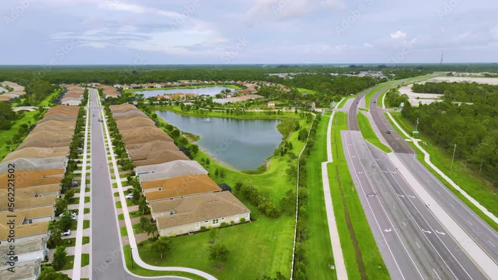 Aerial view of cul de sac at neighbourhood road dead end with densely ...