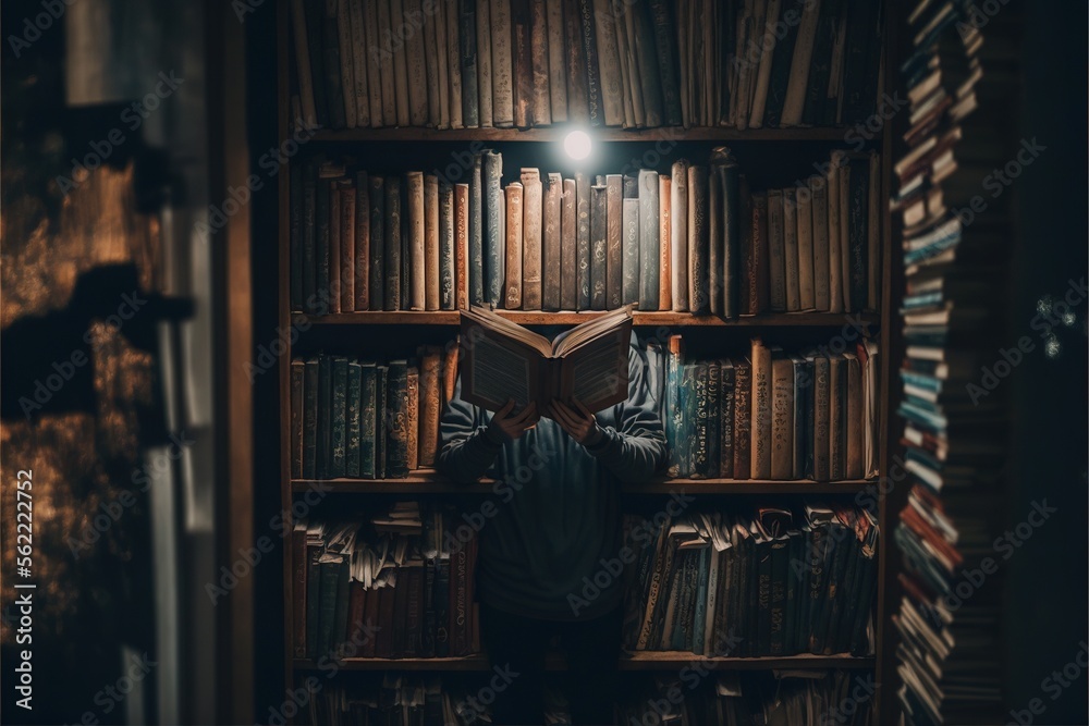 a person standing in front of a book shelf filled with books and a ...