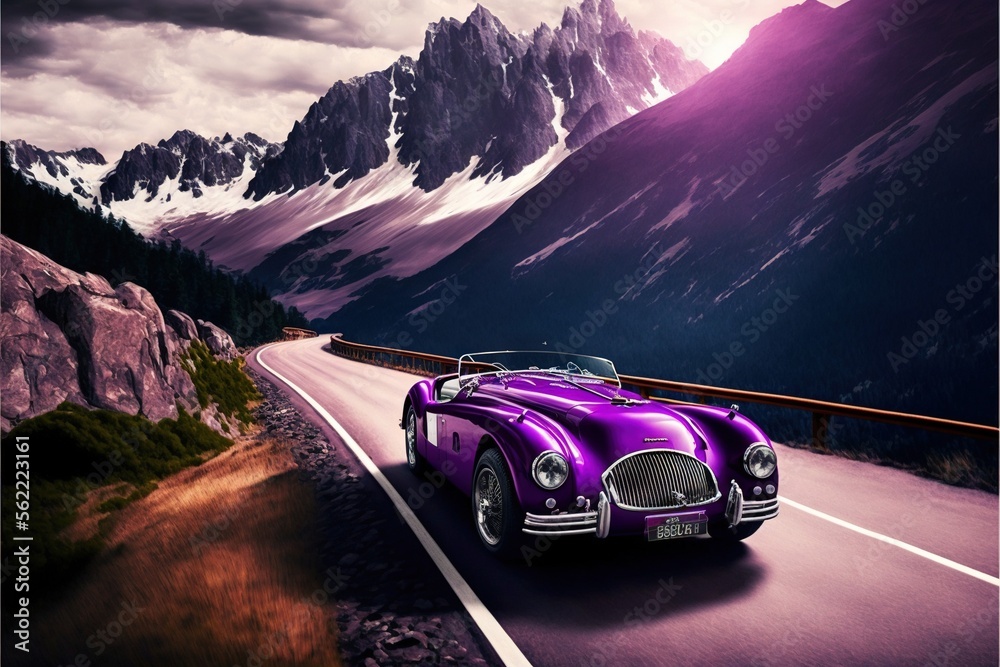 a purple car driving down a road next to a mountain range with snow ...