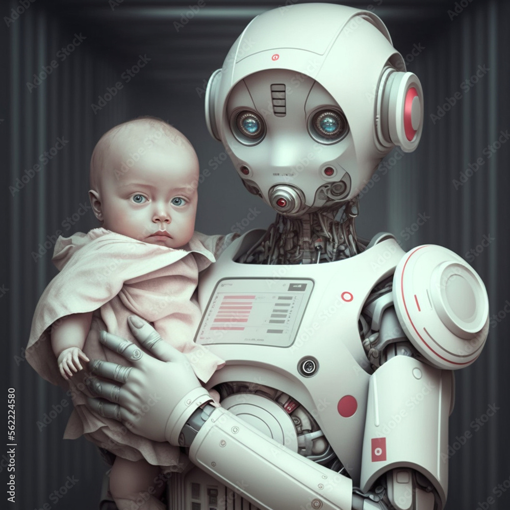 a female looking robot babysitting a baby, humanoid android robot with artificial intelligence ...