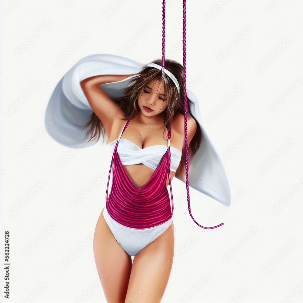 Woman bound with ropes in bondage. Girl tied up in bondage position. An enslaved woman in ...