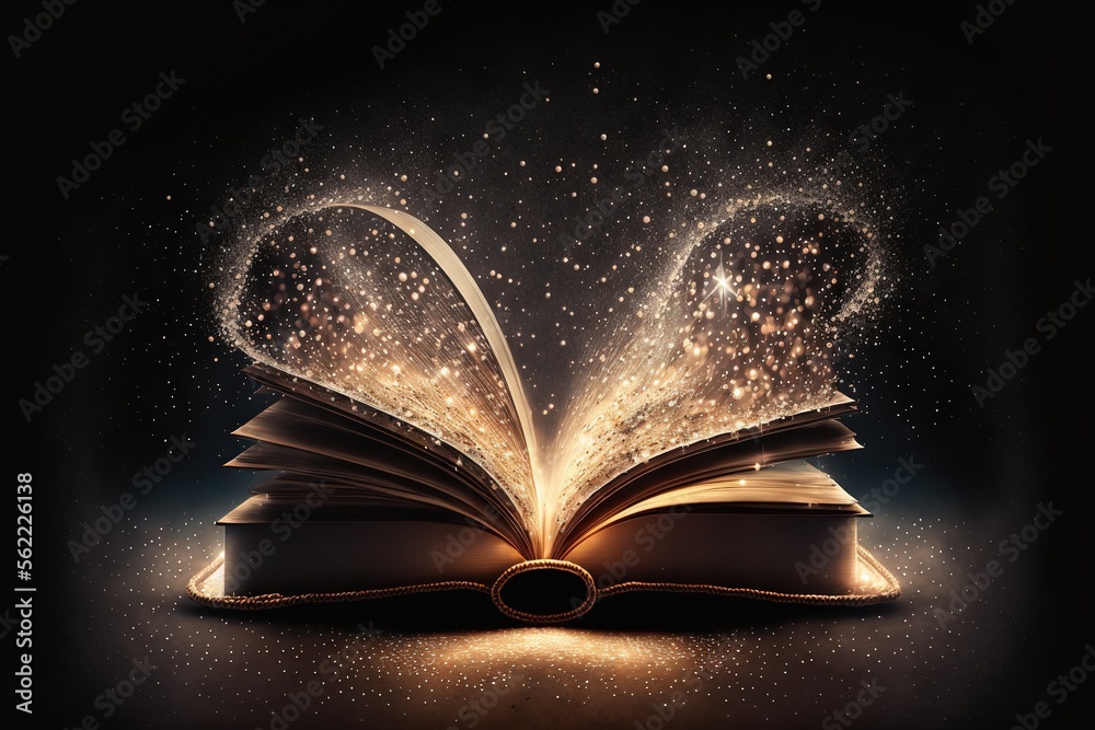 an open book with a glowing light coming out of it on a black ...
