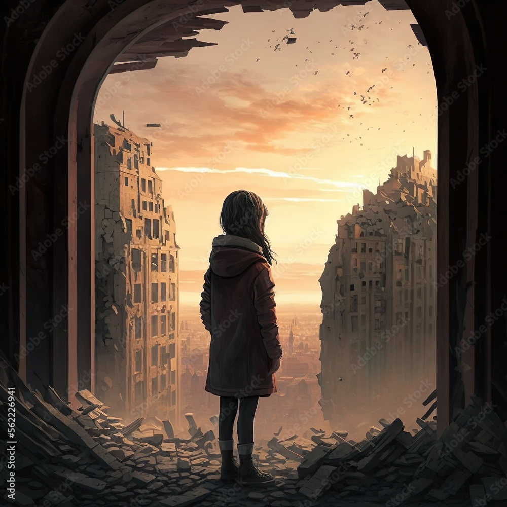 Girl, the house that was destroyed by the war. Child of war, child and ...