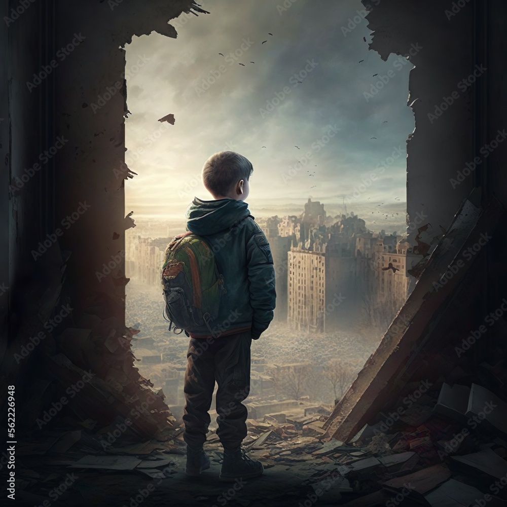 Child of War. Destruction after the war. Child and war. Created with ...