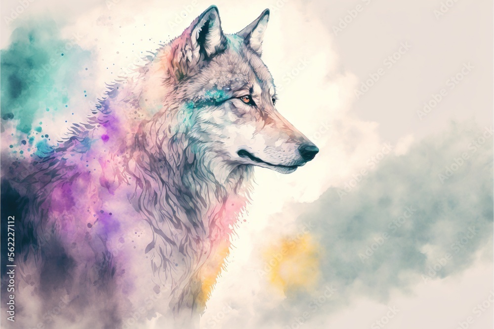 a wolf with a colorful background and a white background with a blue ...