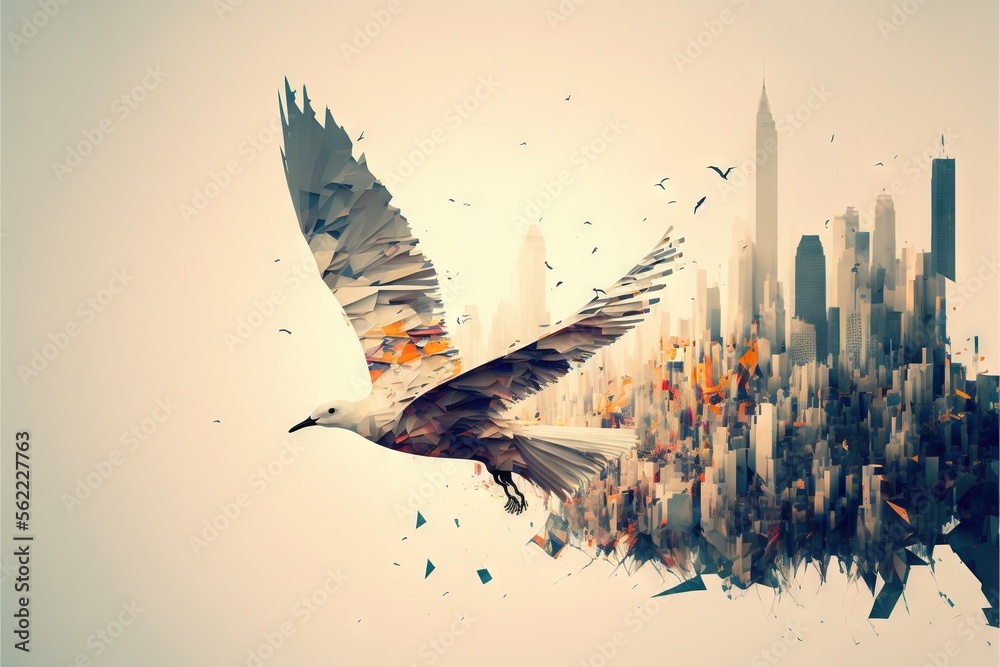 a bird flying over a city with birds flying around it and buildings in ...
