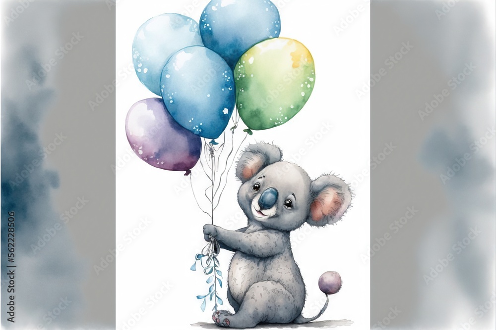 a koala holding balloons in its paws and a string of balloons in its ...