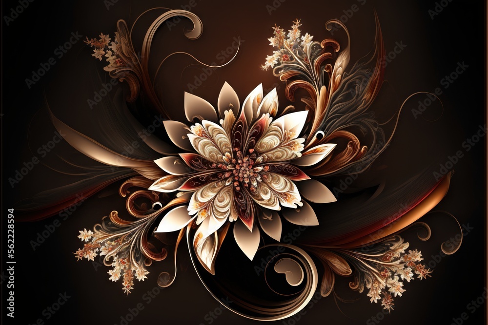 a computer generated image of a flower on a black background with gold ...