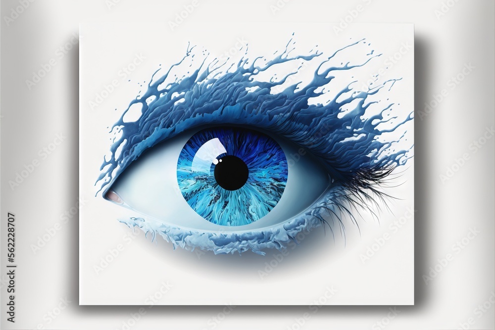 a blue eye with water splashing on it's iris and a black eyeball in the ...