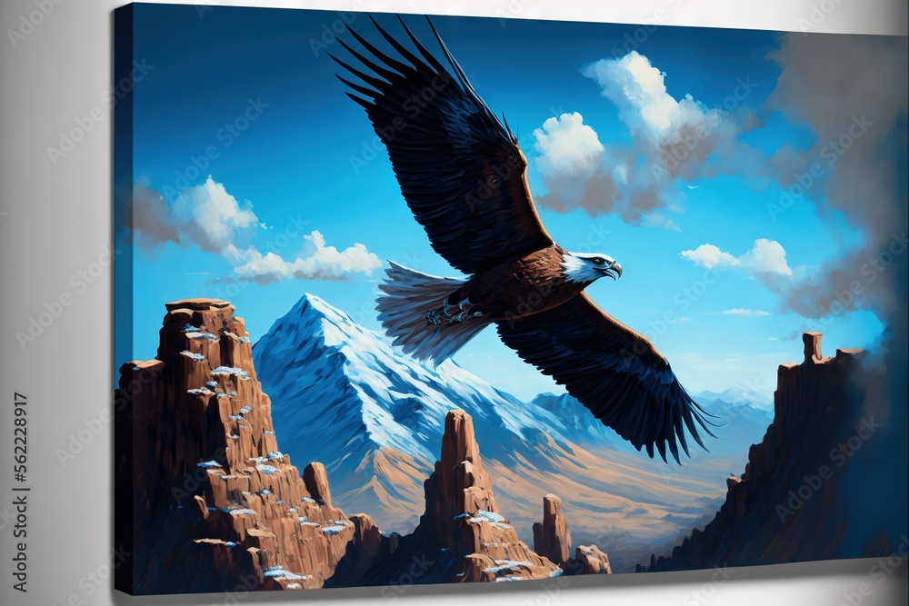 a painting of a bald eagle flying over a mountain range with a mountain ...