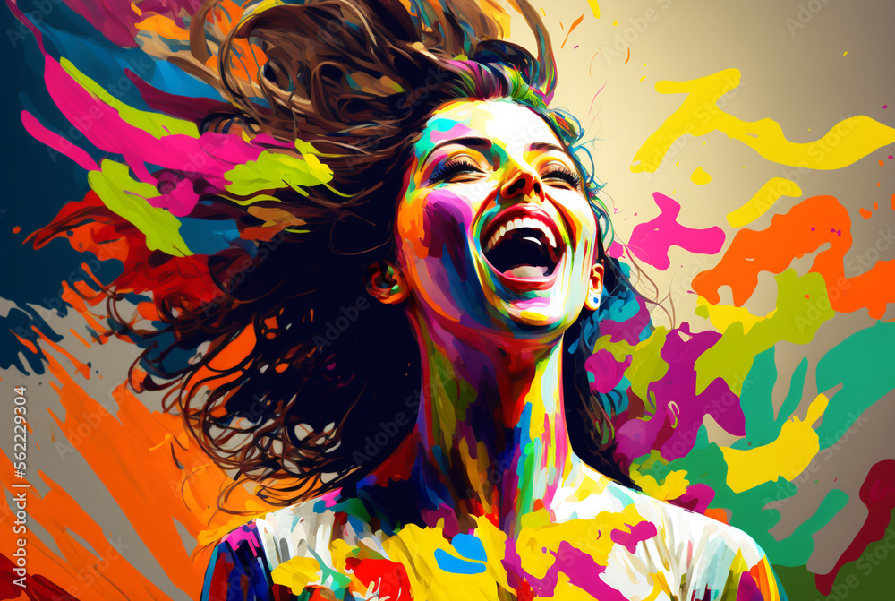 extremely happy young woman, colorful spectacle of emotions with ...