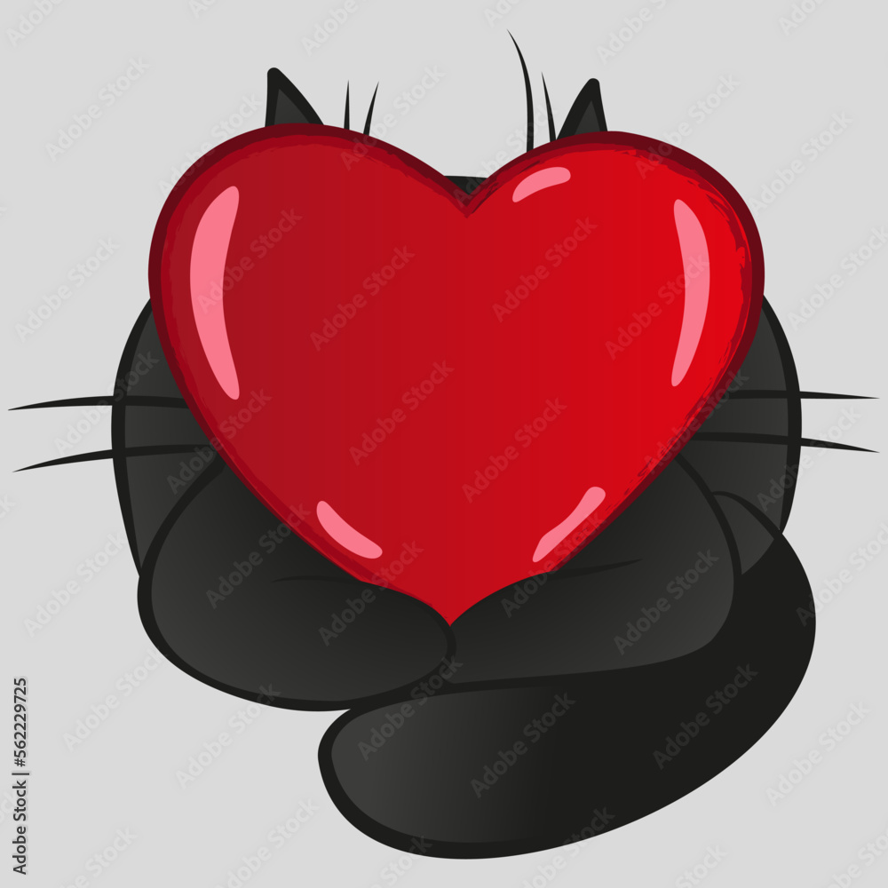 A big fat black cartoon cat holds a big red heart in its paws, hiding ...