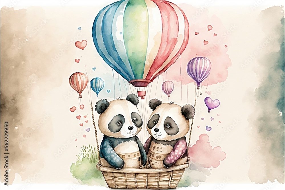 two pandas are sitting in a basket with balloons in the sky behind them ...