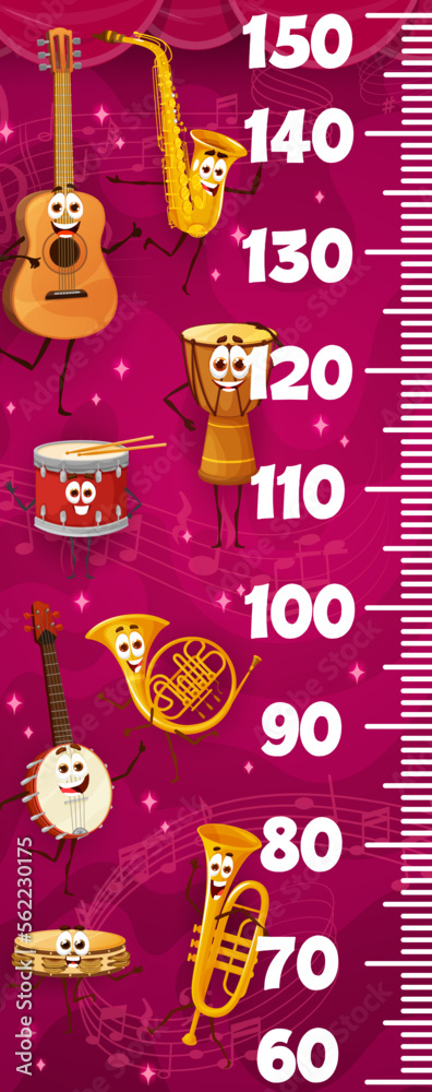 Kids height chart ruler. Cartoon musical instrument characters. Child ...