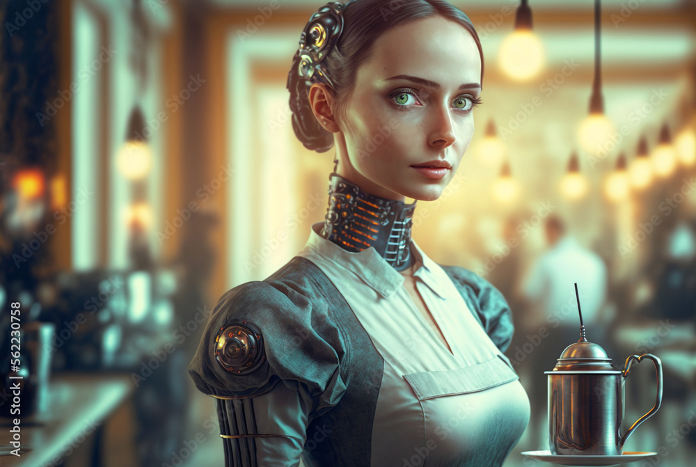 a humanoid android robot with artificial intelligence is a waitress in ...