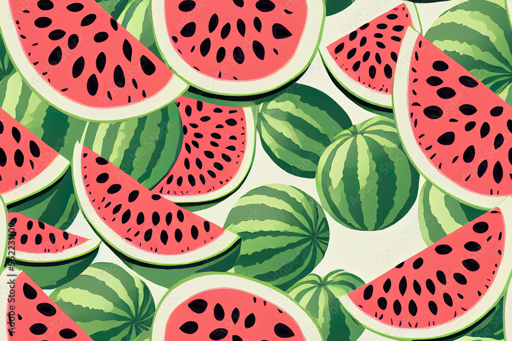 Images of watermelons with black and white seeds, set against a ...