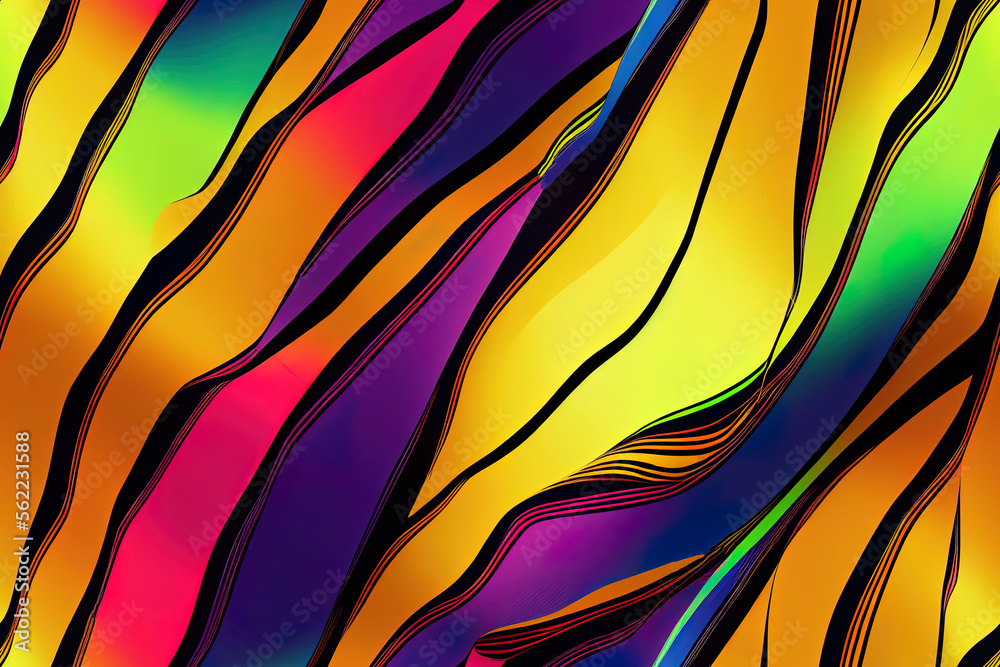 Pattern of abstract zebra stripes in a rainbow color palette. Lines of ...