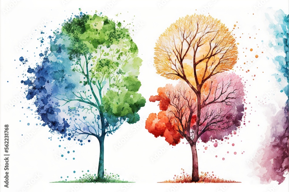 a watercolor painting of three trees with different colors of leaves on ...