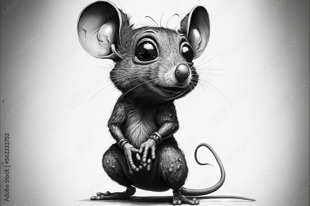 a drawing of a mouse with big eyes and a tail, sitting on its hind legs ...