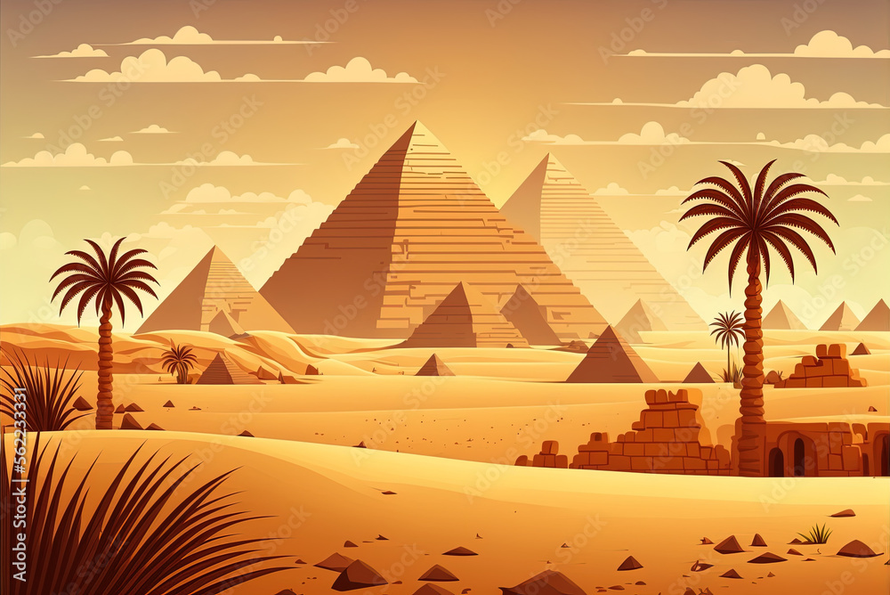 Egyptian pyramids in a 2D desert scene with parallax effects. View of ...