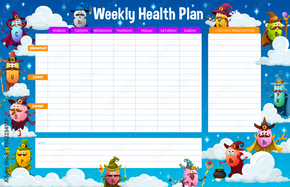 Weekly medication plan. Cartoon vitamin wizard and mage characters on ...