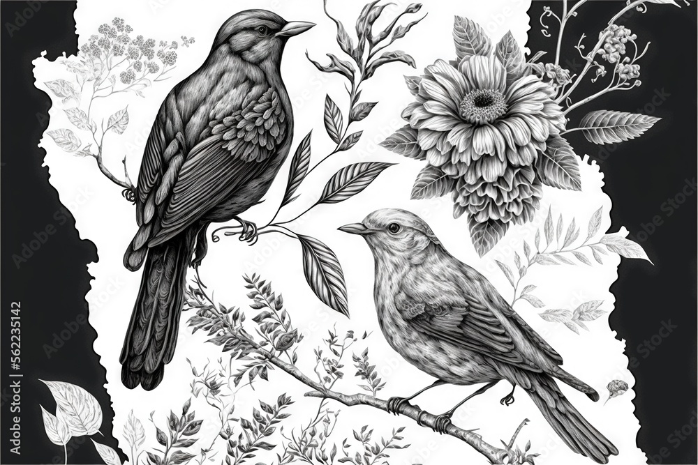 a drawing of two birds sitting on a branch with flowers and leaves ...