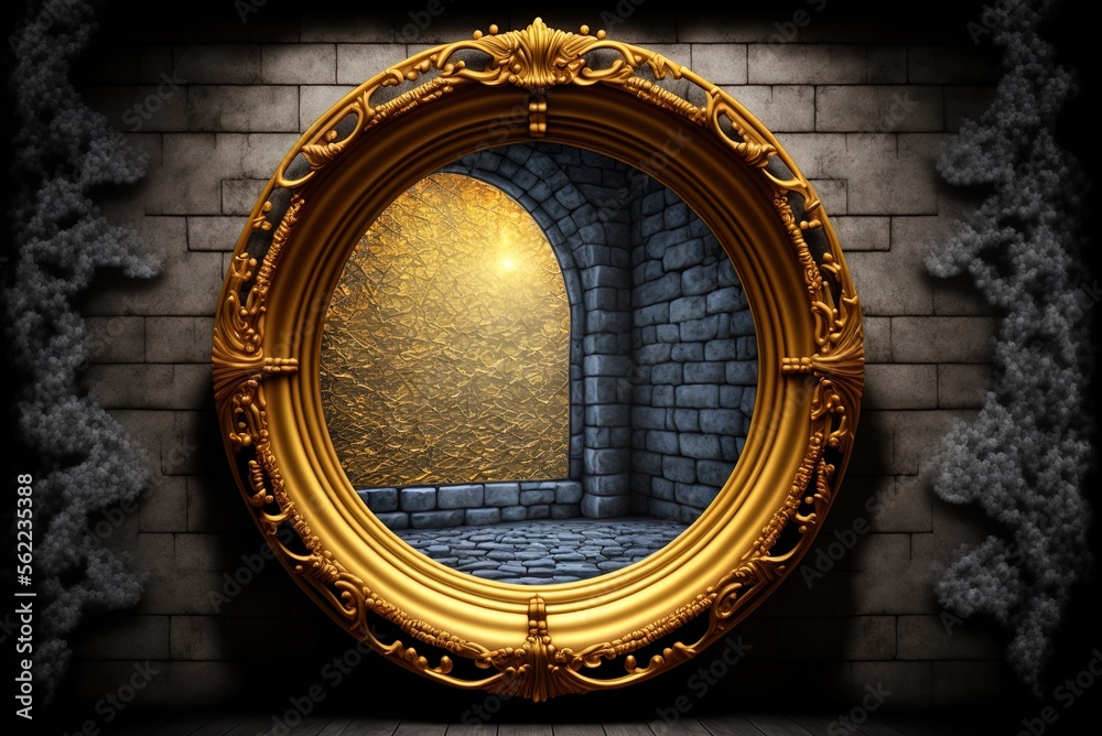 Golden-framed magic mirror mounted on a masonry wall. Generative AI ...
