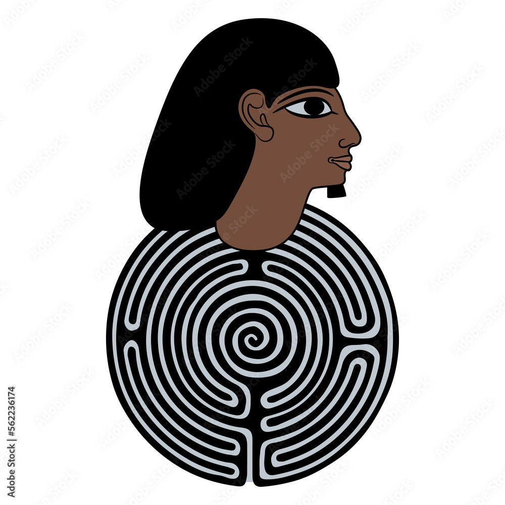 Round spiral maze or labyrinth symbol with a head of ancient Egyptian ...