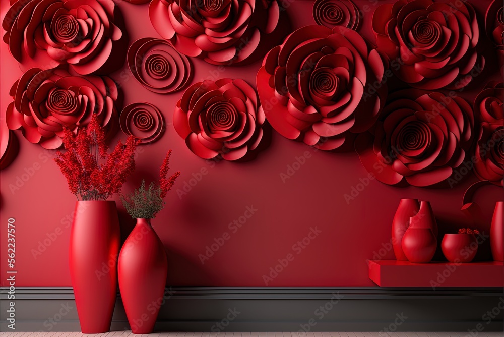 Beautiful red roses on a sophisticated red wall backdrop. Floral ...