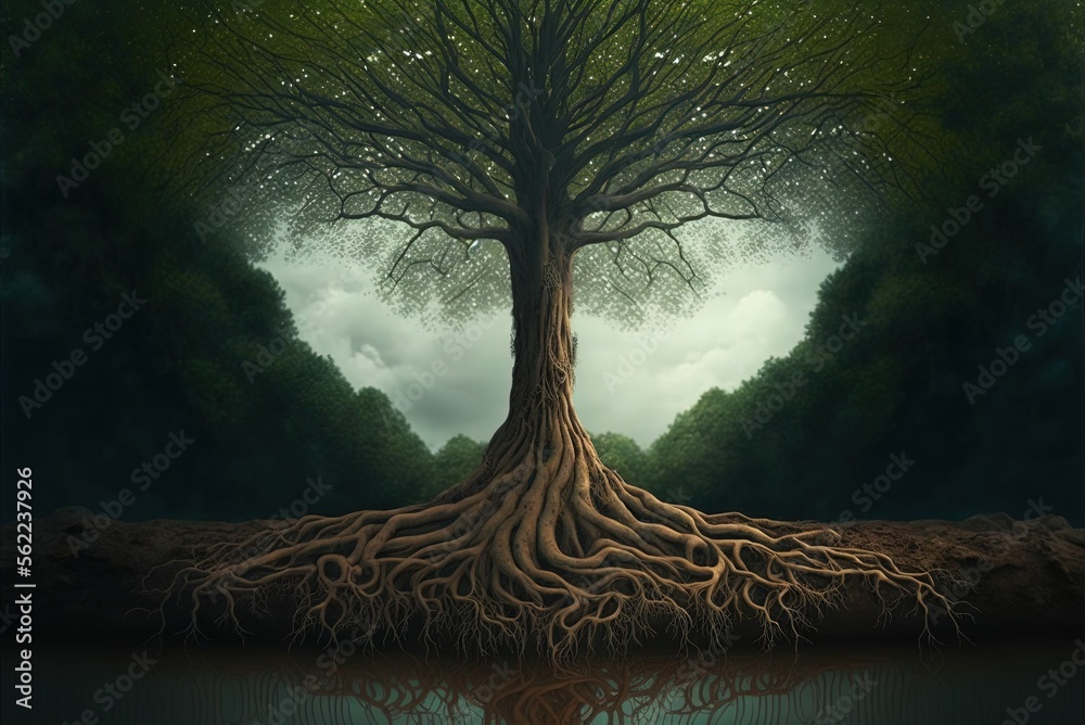 tree in the woods with deep roots after a shower Generative AI Stock ...