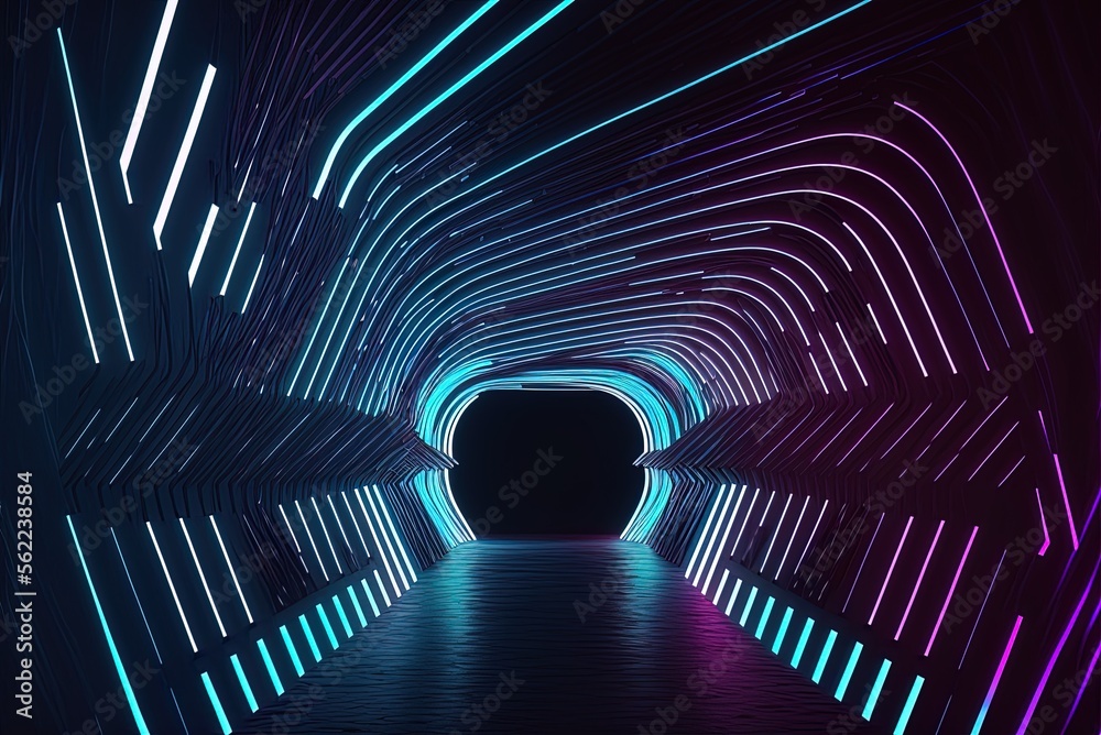 Colorful abstract neon light passageway with blue, purple, and ...