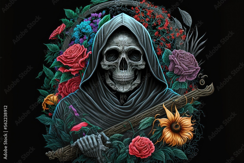 La Santa Muerte. Mexican Skull adorned with flowers. This image was ...