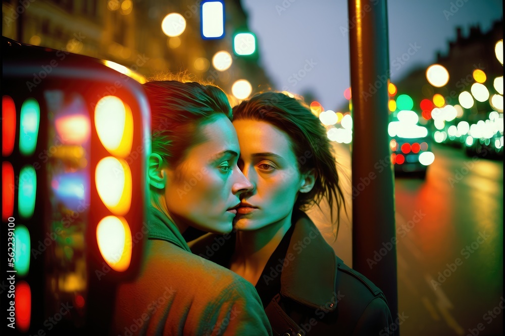 lesbian couple in their moment of intimacy at night in the street. This ...