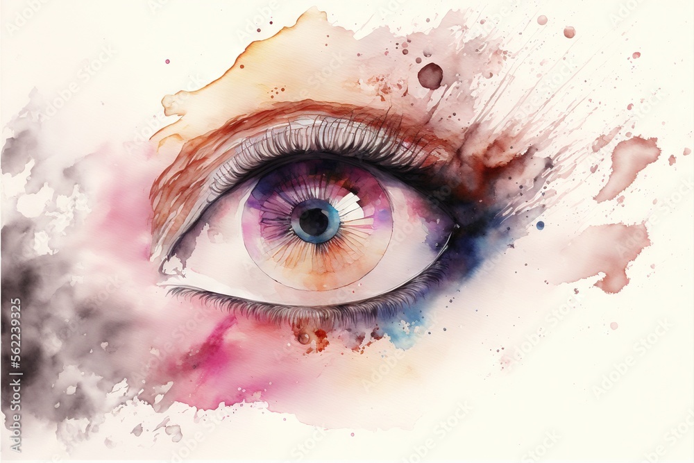 a painting of an eye with a watercolor splash on it's side and a white ...