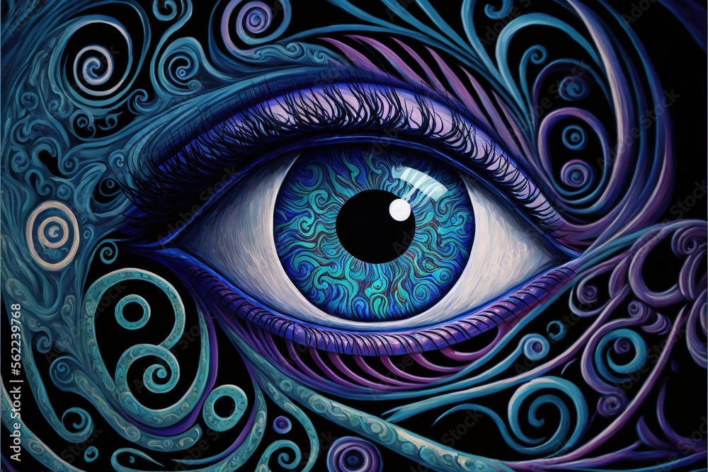a painting of an eye with swirls and waves on it's side and a black ...