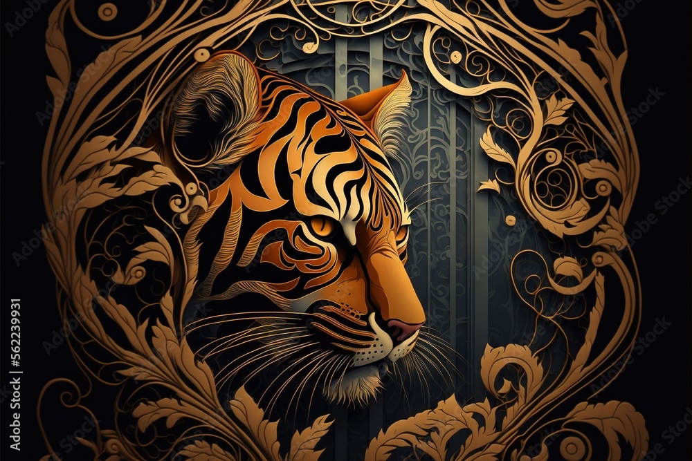 a tiger head in a gold frame with a black background and gold accents ...