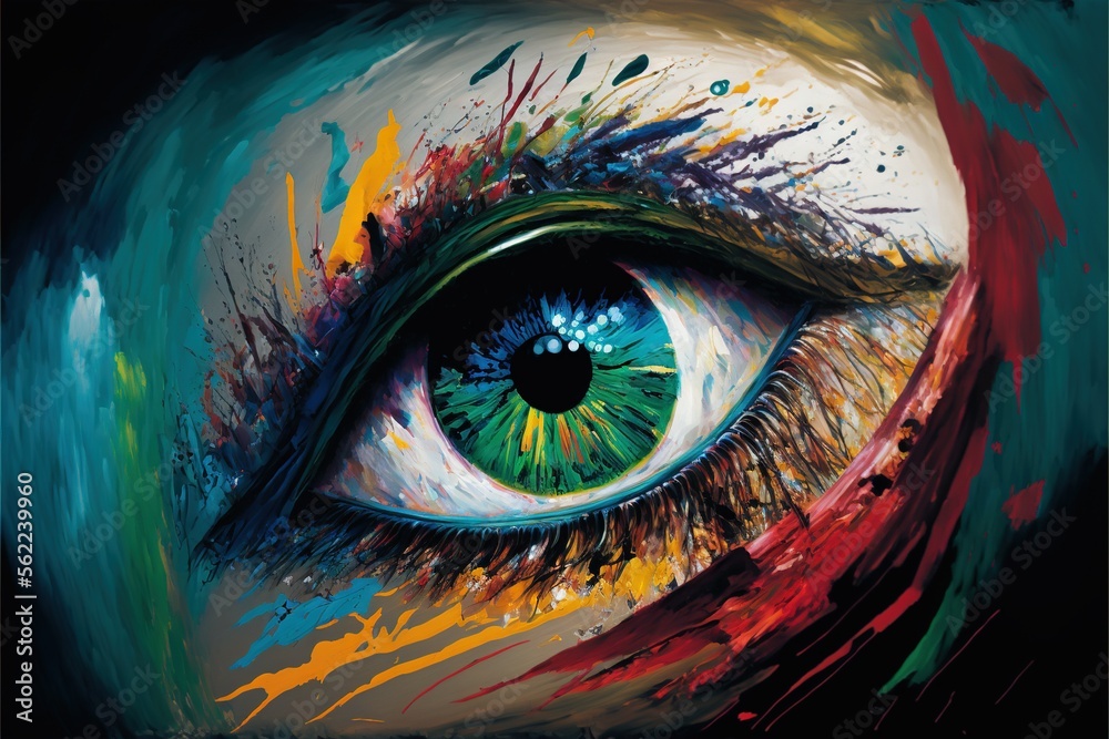 a painting of an eye with colorful paint streaks on it's irise and ...