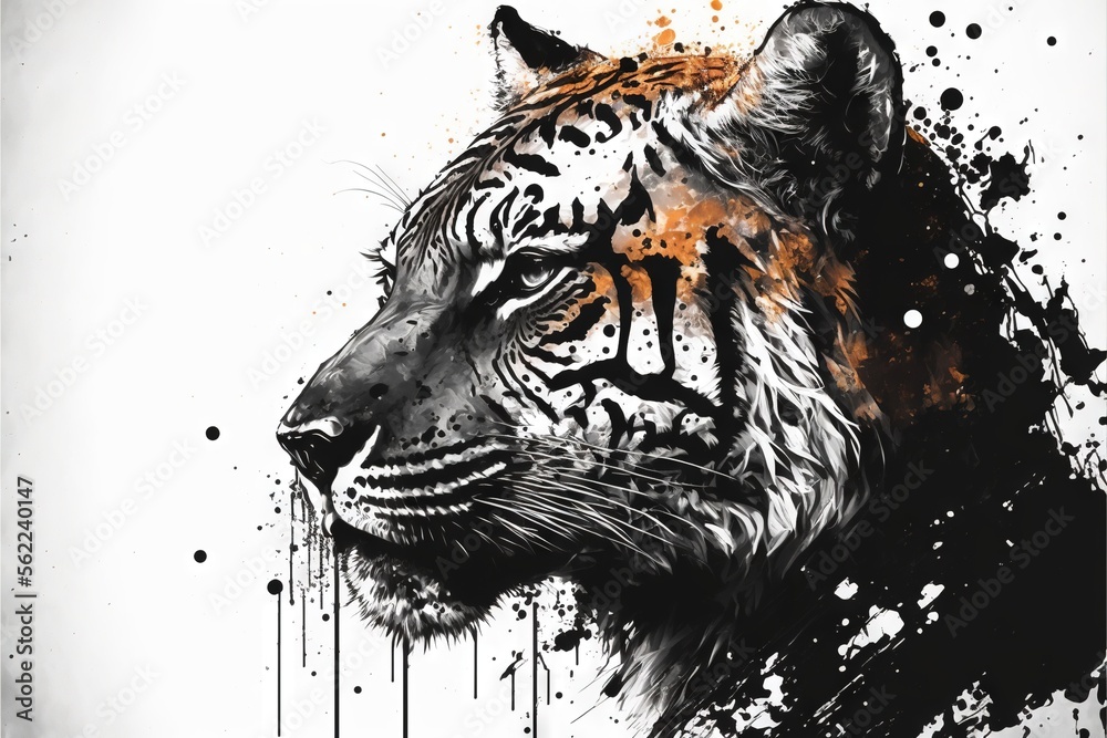 a tiger's head with orange and black spots on it's face and a white ...