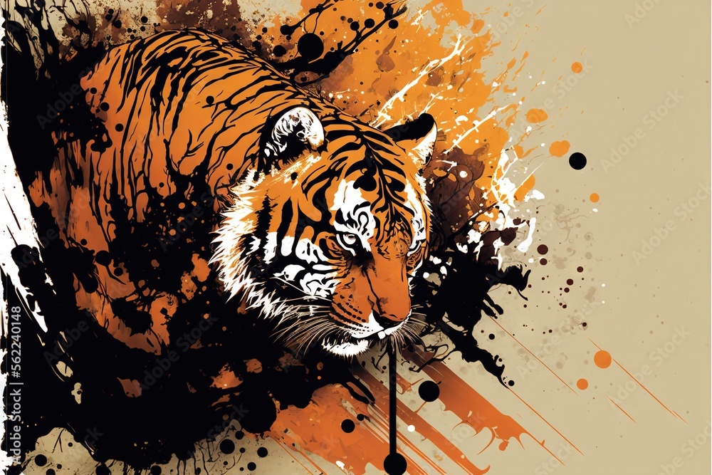 a tiger with orange and black spots on it's face and neck, walking on a ...