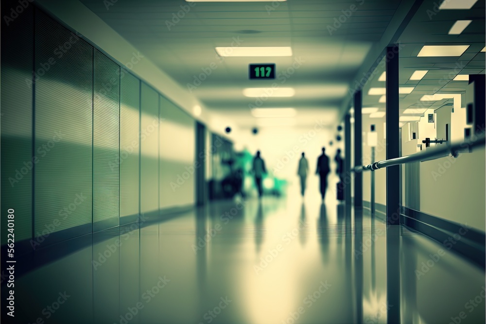 a hallway with people walking down it and a exit sign above the door ...