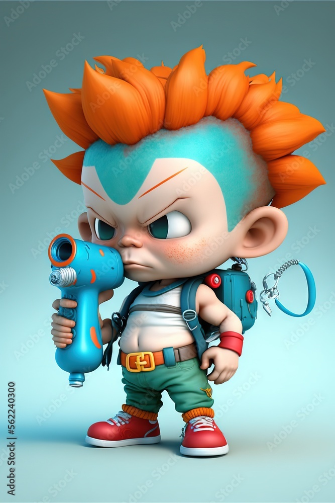 a cartoon character with a blue hair holding a blue drill and a blue ...