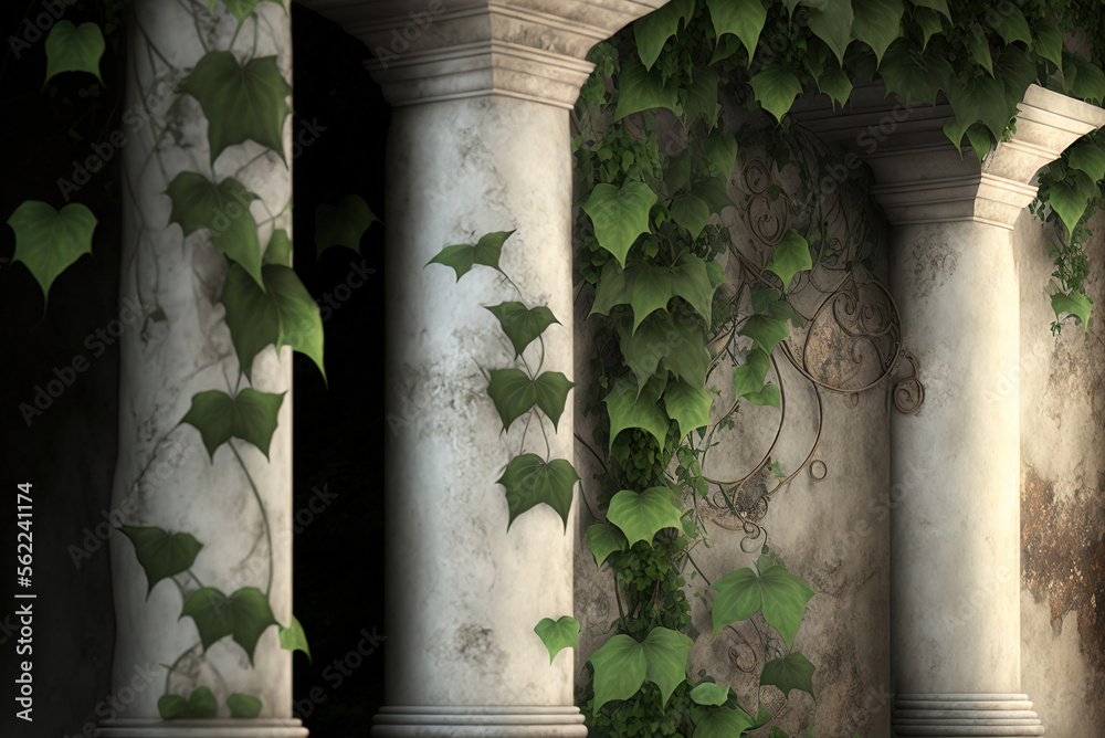 vines with green leaves winding their way up ancient stone pillars and ...