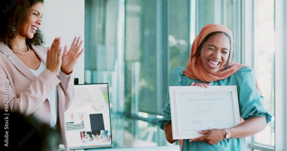 Award, thank you and applause with a business team in celebration of ...