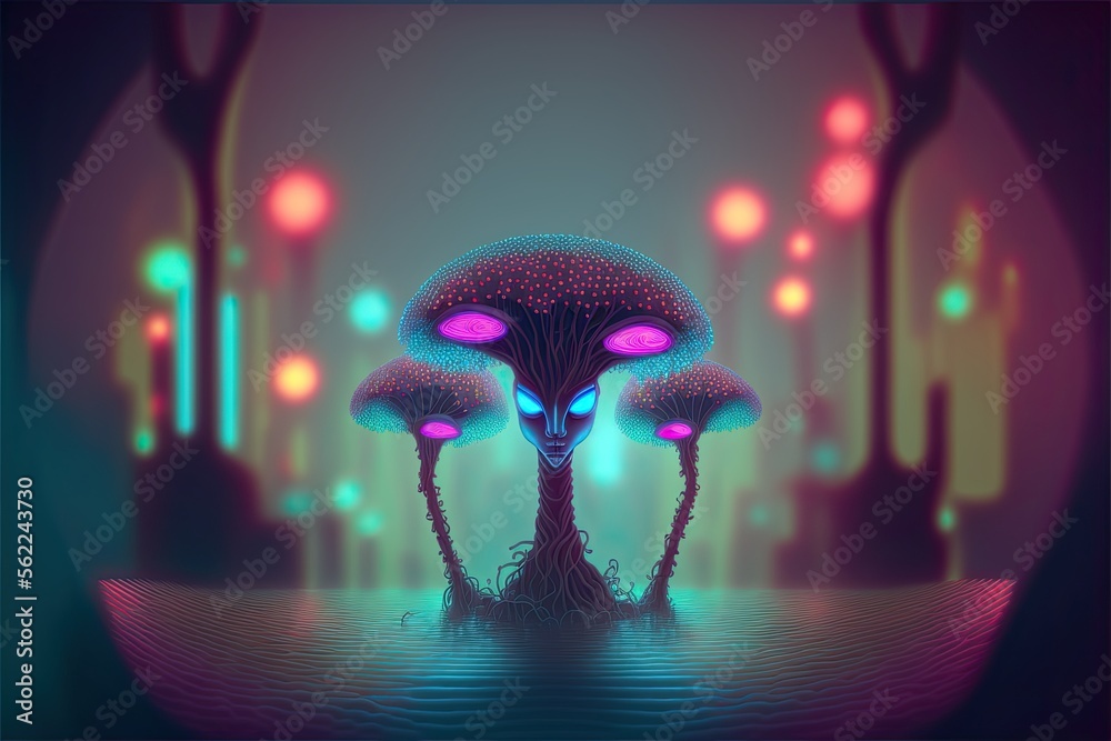 Three alien sponges with faces stand in the water in a colorfully lit ...