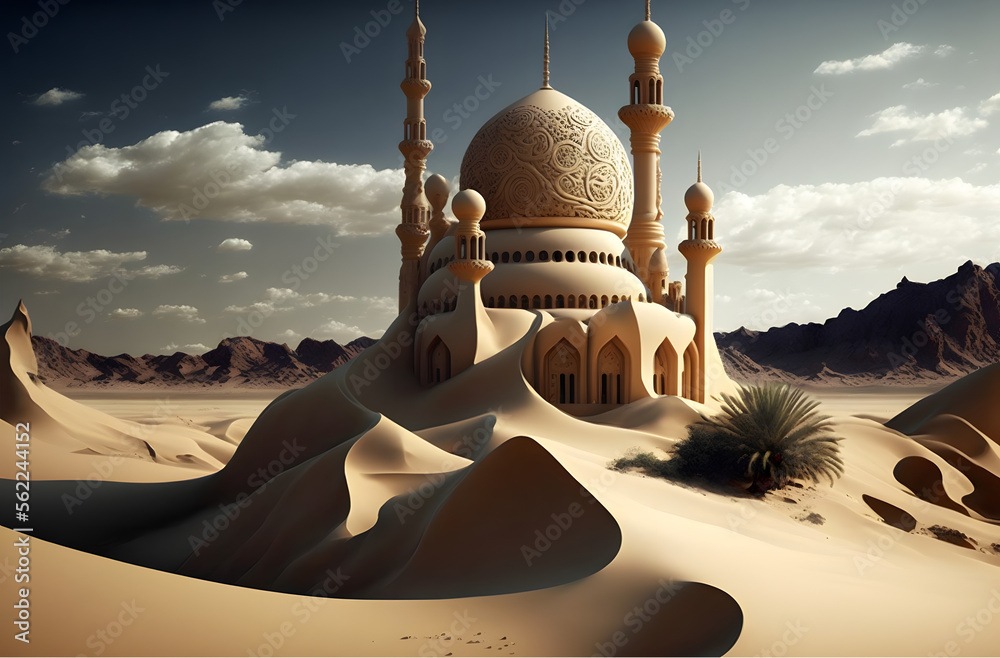 Beautiful Mosque in the desert, surrounded by sand, AI generated Stock ...