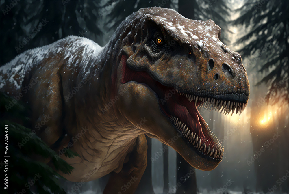 The head of a big tyrannosaurus rex dinosaur covered with little bit of ...