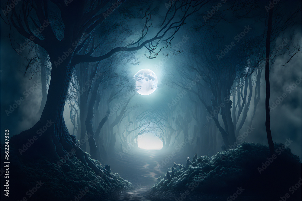 Illustration of dark scary forest under clouds of fog. A scene from a ...