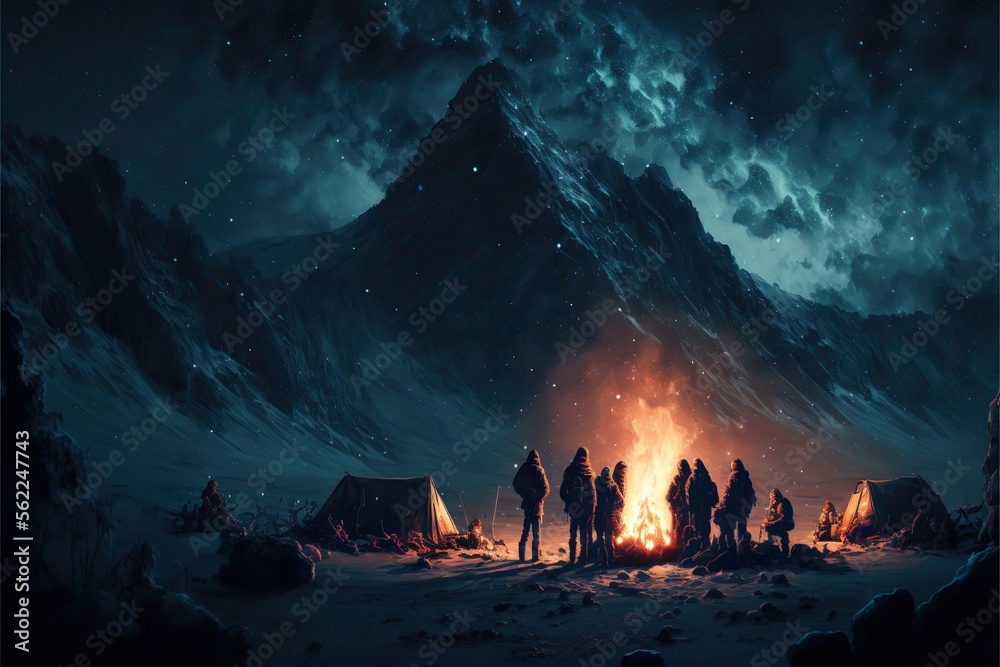 Tourists and hunters heated around campfire in the mountains against ...