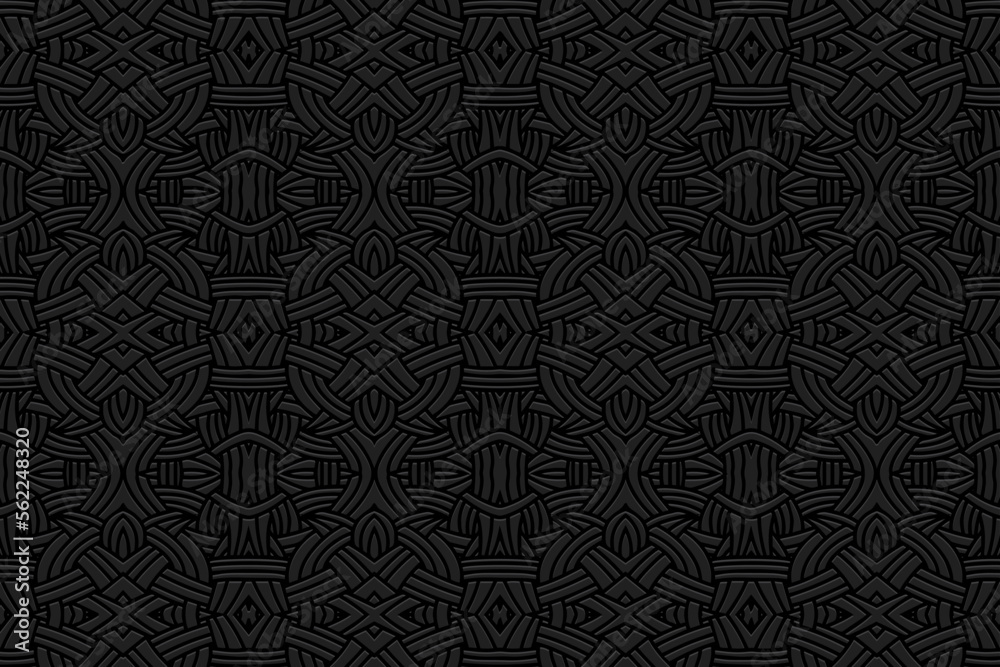 Embossed black background, ethnic cover design. Press paper, boho style ...