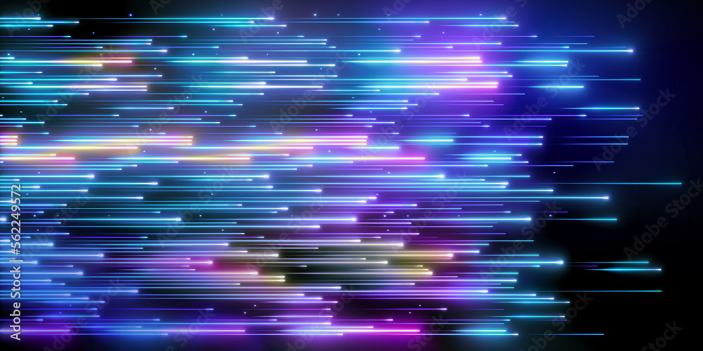 3d render, abstract neon background. Pink blue glowing lines, speed of light, meteor shower ...